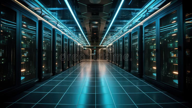 A Blue Light Glowing Server Room Generative AI Stock Illustration ...