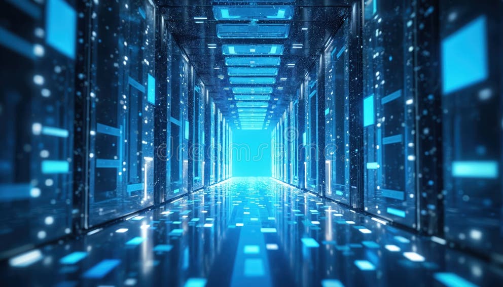 Blue Light Illuminates Cyber Hallway with Digital Patterns. Abstract ...