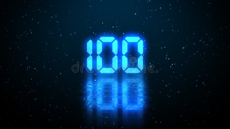 Blue Light Number 100 Digital Digits Display with Floor Reflection and ...