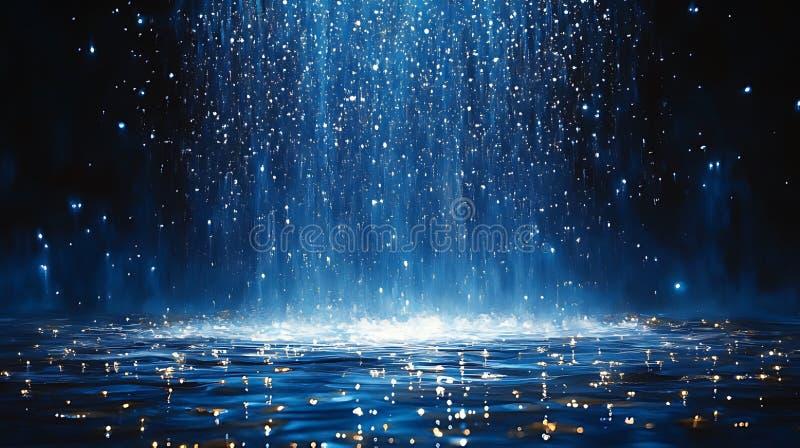 Blue Light Rain Falling on Water, Dark Background, Digital Art, Website Stock Illustration ...