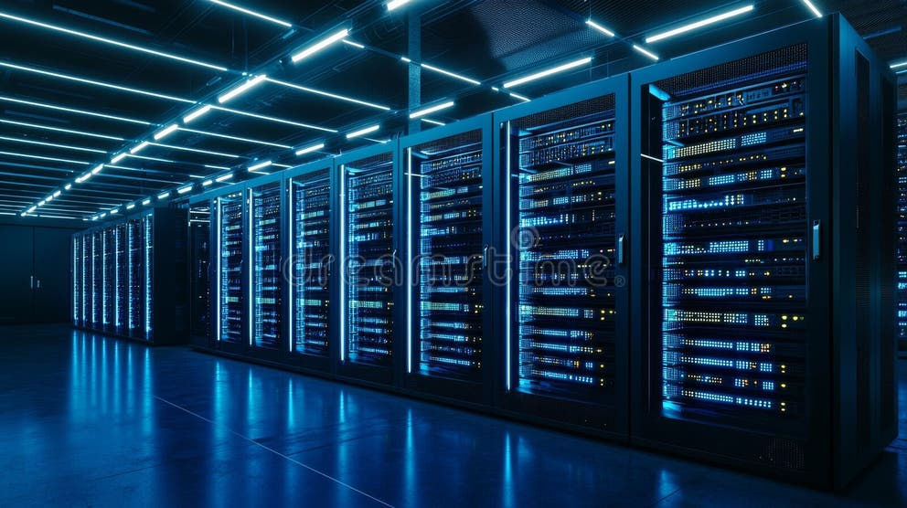 A Blue Light Server Room Interior in a Datacenter with Modern ...