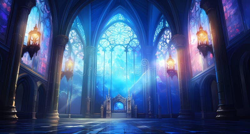 Blue Light Shines on the Wall and Ceiling through Stained Glass Windows ...