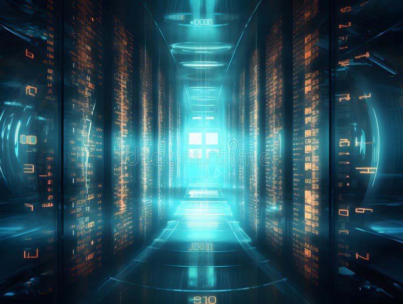 A Blue Light Shining through a Hallway of Servers Stock Illustration ...