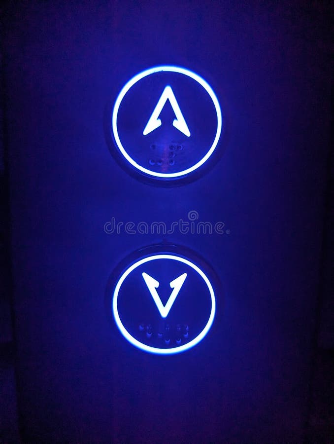 Blue Light Sign on the Elevator, Turn Off and Turn Back Stock Photo ...