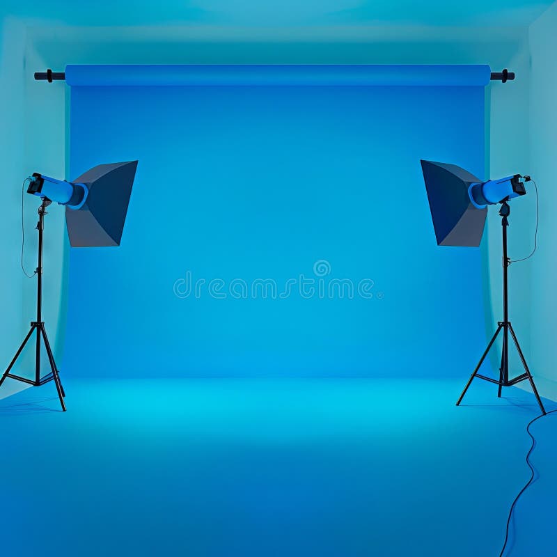 A Blue Light Studio with Two Lights and a Tripod Stock Image - Image of ...
