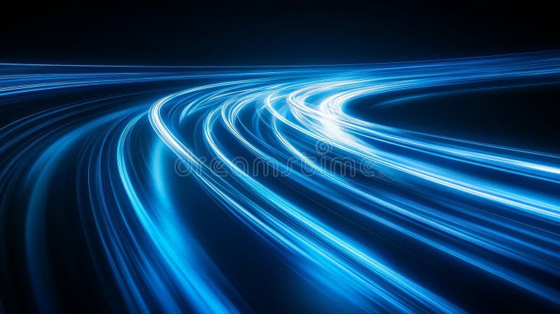 Blue Light Trails on Curved Path in Dark Background, Futuristic ...