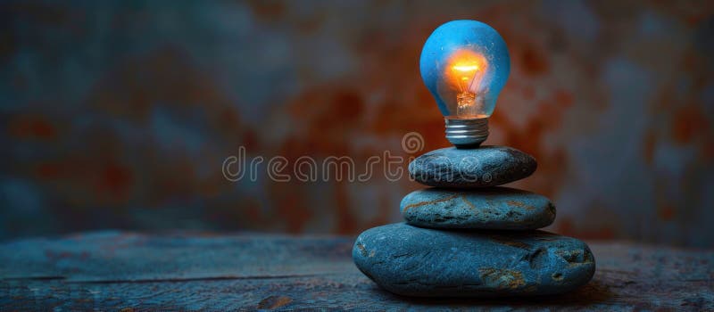 Blue Lightbulb Atop Stacked Stones Stock Image - Image of abstract ...