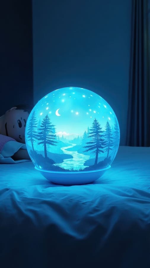 Blue Lighted Globe with Trees and a Moon in the Middle Stock Photo ...