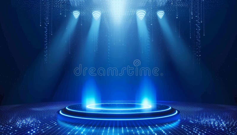 A Blue Lighted Stage with a Blue Background and a Blue Object in the ...