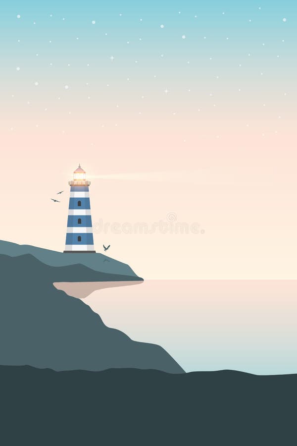 Blue Lighthouse by the Ocean Landscape at Night Stock Vector ...