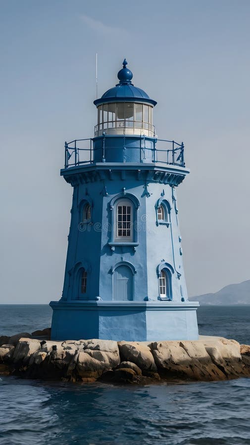 Blue Lighthouse Tower Coast Near the Ocean Stock Illustration ...