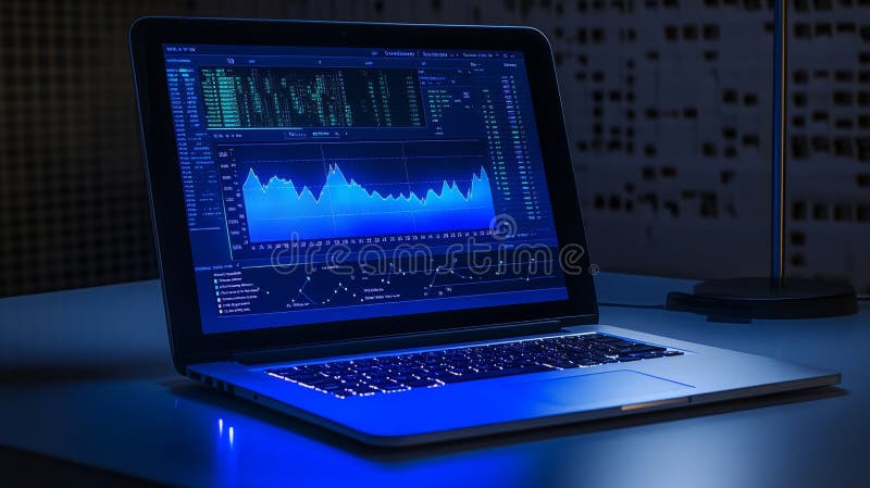 Blue Lighting on Laptop Display with Data Visualization Elements Stock ...