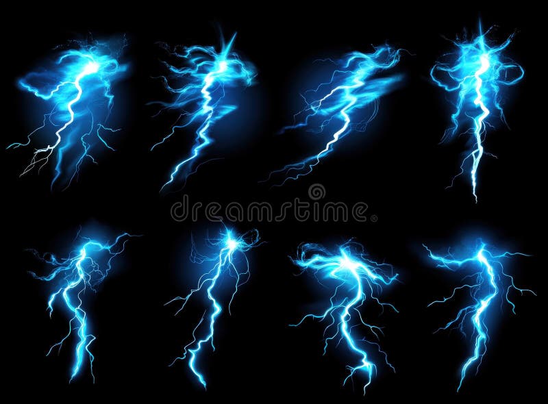 A Blue Lightning Bolt Flies through the Air on a Black Background Stock ...