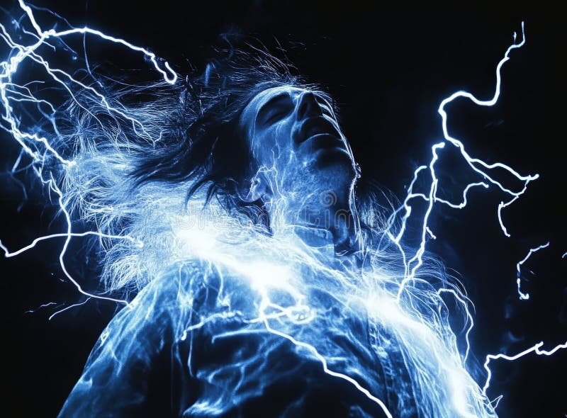A Blue Lightning Bolt Flies through the Air on a Black Background Stock ...