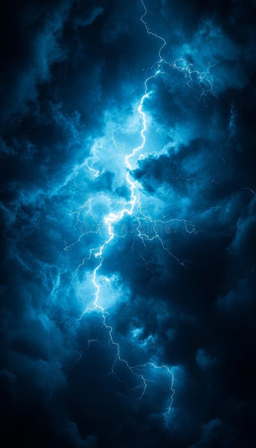 Blue Lightning Storm in Night Sky, Dramatic Weather Background with ...