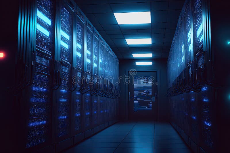 Blue Lights in a Dark Server Room Data Center Stock Illustration ...