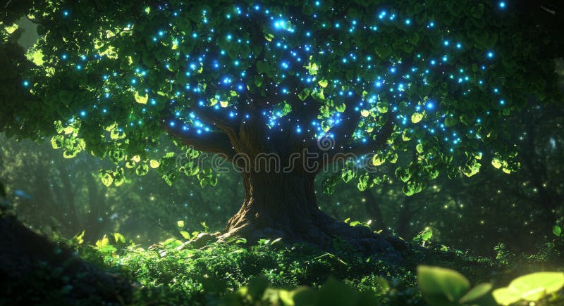 Blue Lights Shine upon a Green Tree Situated in a Lush Forest Stock ...