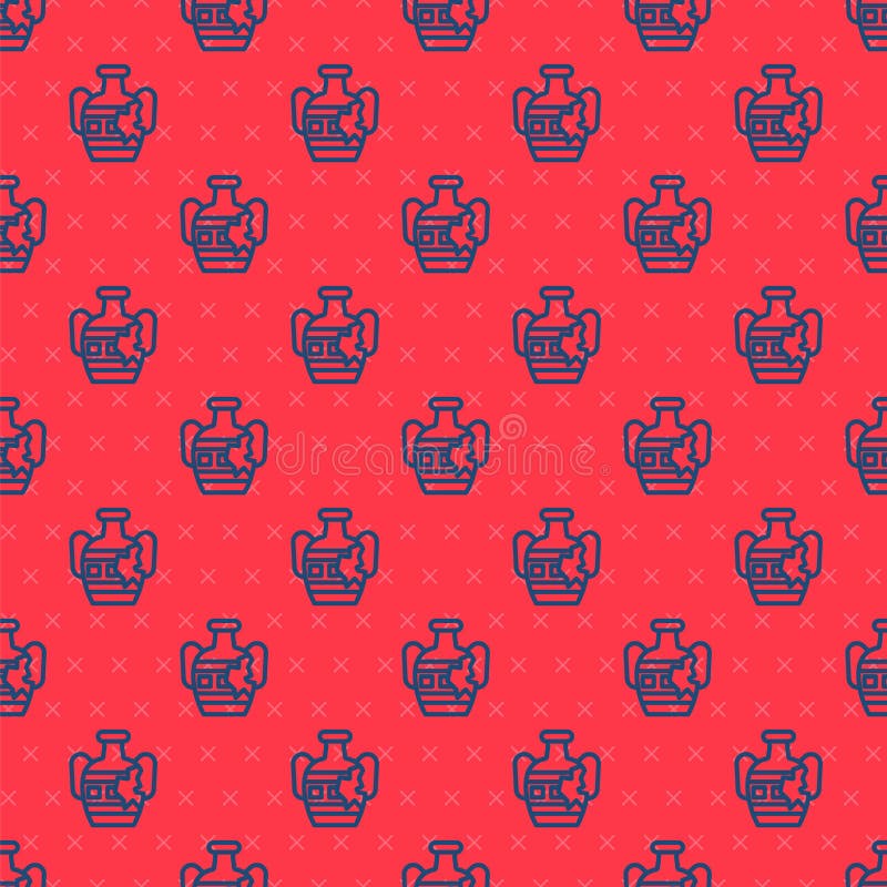 Blue Line Broken Ancient Amphorae Icon Isolated Seamless Pattern on Red ...
