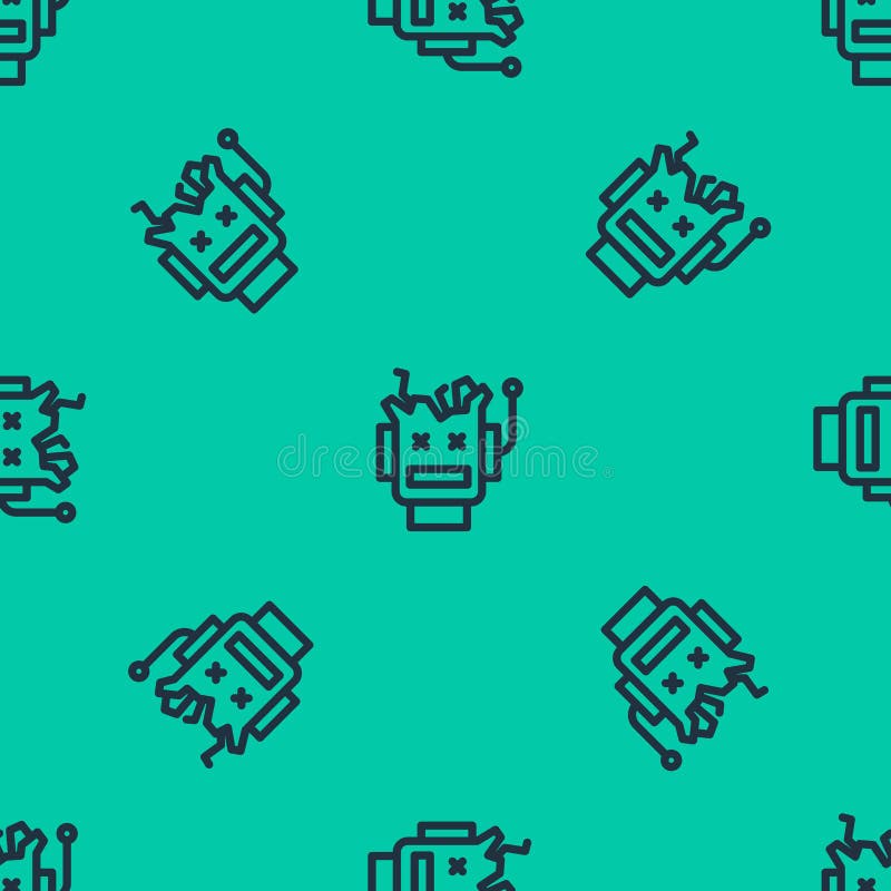 Blue Line Broken Robot Icon Isolated Seamless Pattern on Green ...