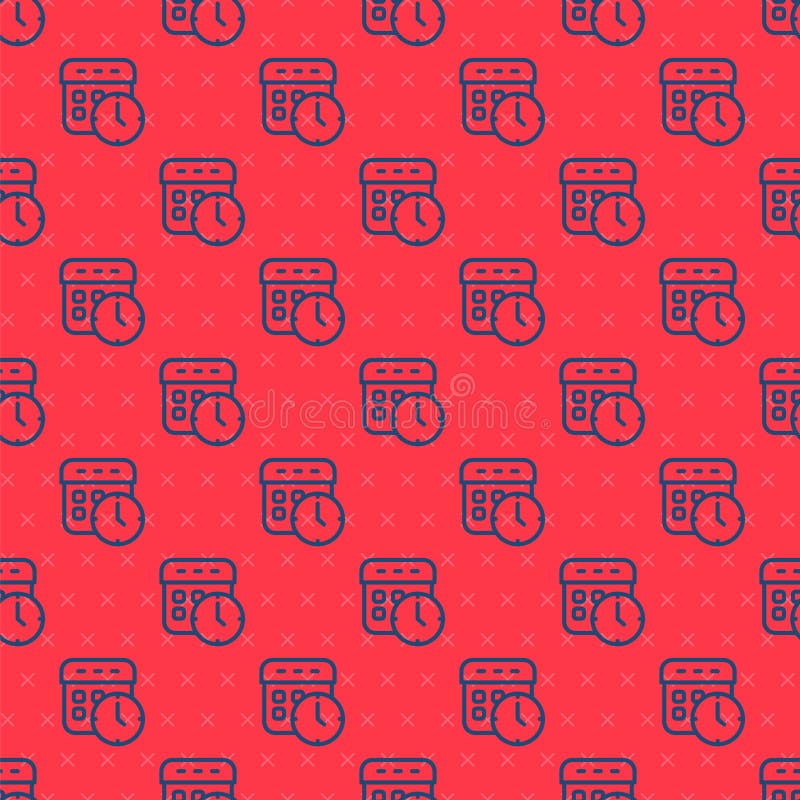 Blue Line Calendar and Clock Icon Isolated Seamless Pattern on Red ...