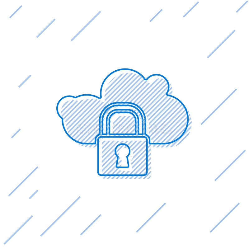 Blue Line Cloud Computing Lock Icon Isolated on White Background ...
