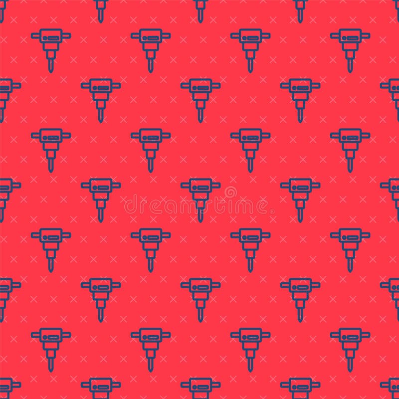 Blue Line Construction Jackhammer Icon Isolated Seamless Pattern on Red ...