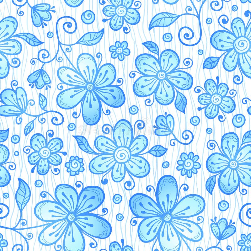 Blue Line Drawn Flowers Seamless Pattern Stock Vector - Illustration of ...