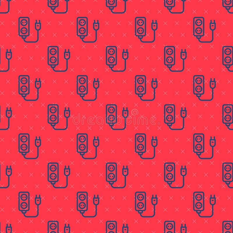 Blue Line Electric Extension Cord Icon Isolated Seamless Pattern on Red ...