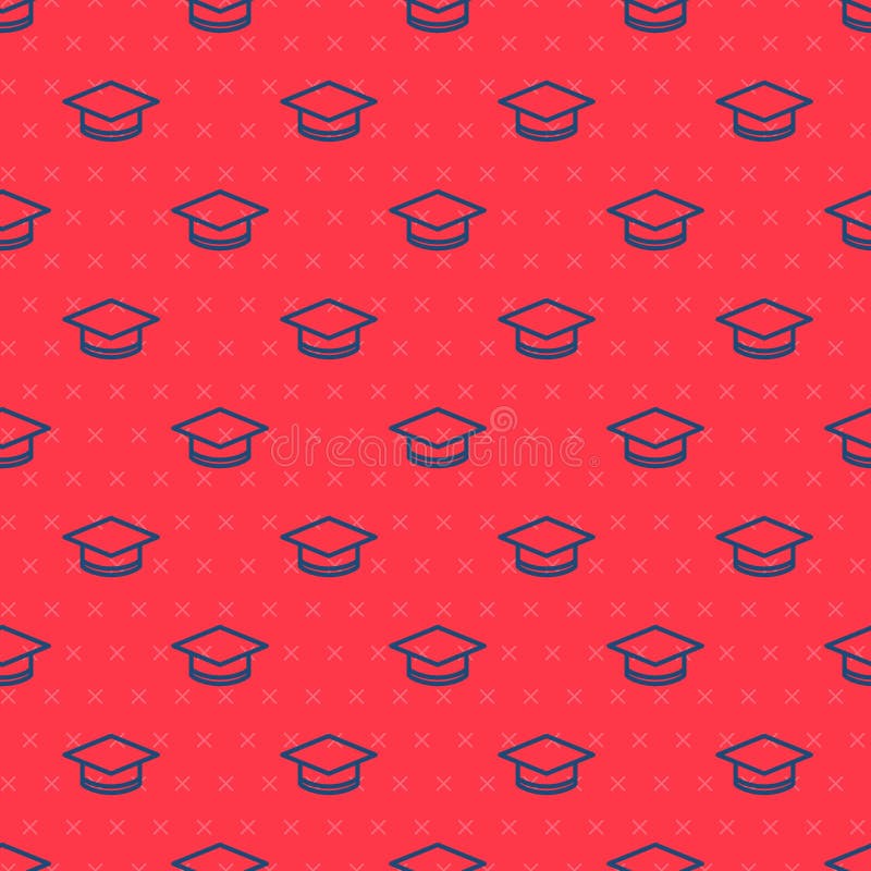 Blue Line Graduation Cap Icon Isolated Seamless Pattern on Red ...