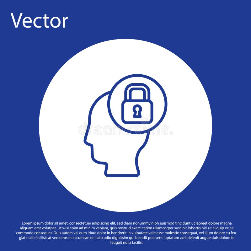 Blue Line Human Head with Lock Icon Isolated on Blue Background. White ...