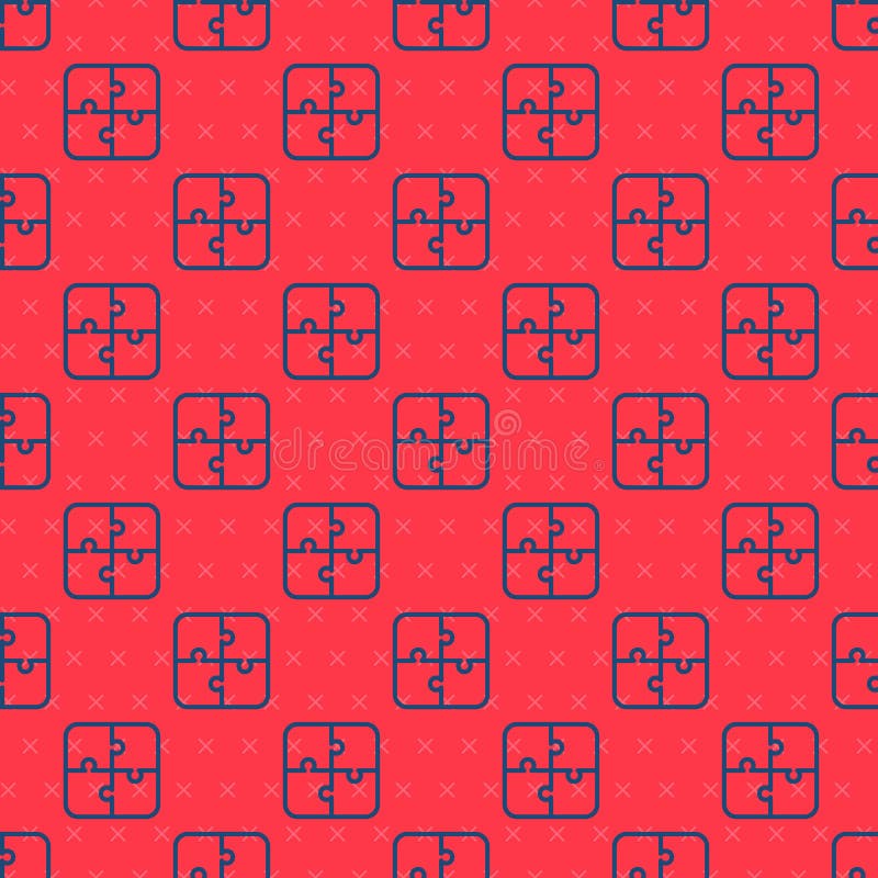Blue Line Puzzle Pieces Toy Icon Isolated Seamless Pattern on Red ...