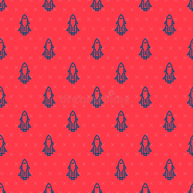 Blue Line Rocket Ship with Fire Icon Isolated Seamless Pattern on Red ...