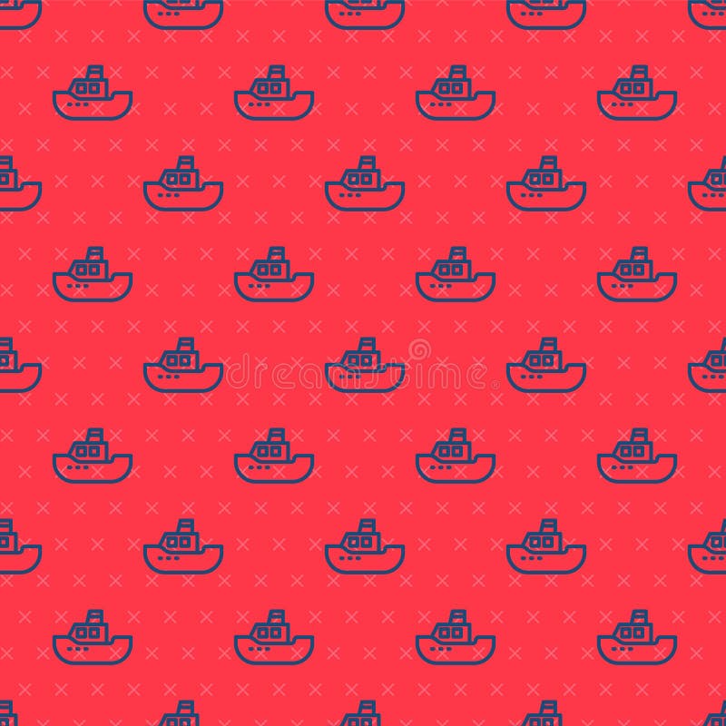 Blue Line Toy Boat Icon Isolated Seamless Pattern on Red Background ...