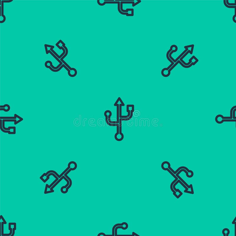 Blue Line USB Symbol Icon Isolated Seamless Pattern on Green Background ...
