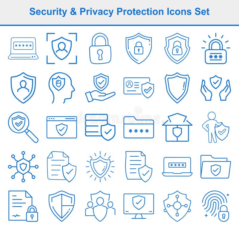 Blue Linear Security Icon Set with Padlocks, Shields, Fingerprints and Passwords Stock ...