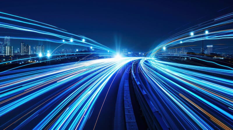 Blue Lines Stretch Out from the Road with High Speed Lights Stock Image ...