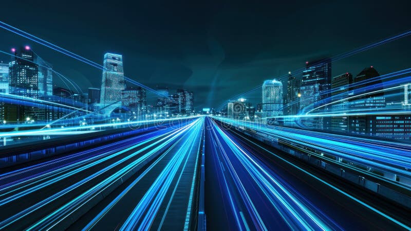 Blue Lines Stretch Out from the Road with High Speed Lights Stock Photo ...