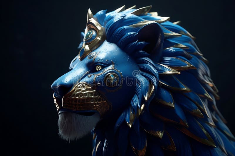 Blue Lion with Golden Mane on Black Background Stock Illustration ...