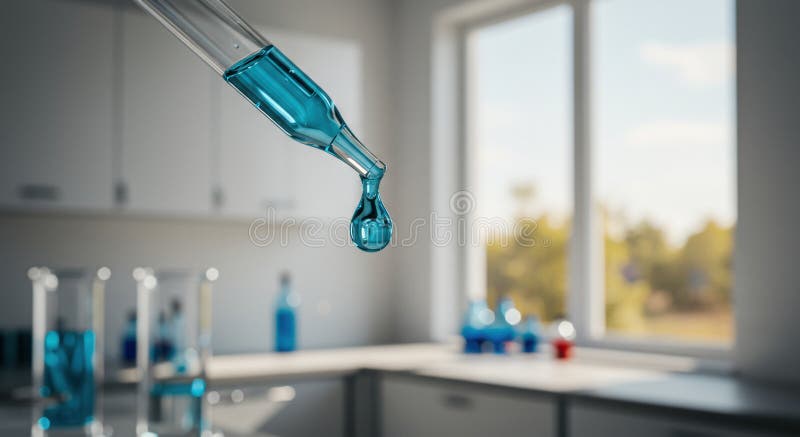 Blue Liquid Droplet from Pipette in Modern Laboratory Setting Stock ...