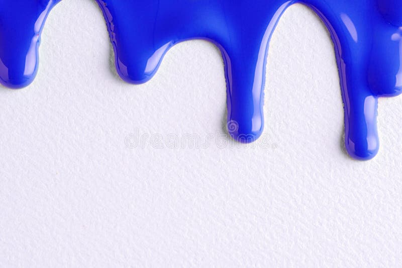Blue Liquid Drops of Paint Color Flow Down on White Canvas. Abstract ...