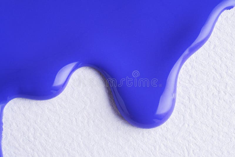 Blue Liquid Drops of Paint Color Flow Down on White Canvas. Abstract ...