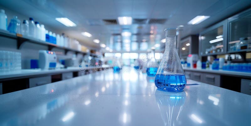 Blue Liquid in Erlenmeyer Flask on Laboratory Countertop Stock Image ...