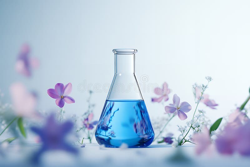 Blue Liquid in Erlenmeyer Flask Surrounded by Delicate Flowers ...