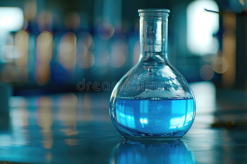A Blue Liquid in a Glass Flask on a Table. Suitable for Scientific ...