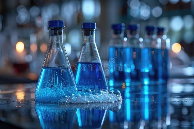 Blue Liquid in Glass Flasks, Arranged in a Laboratory Setting with Dim ...