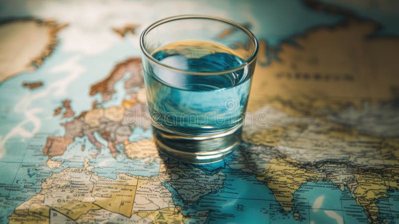 Blue Liquid Photographed in Glass Placed on a Detailed World Map Stock ...