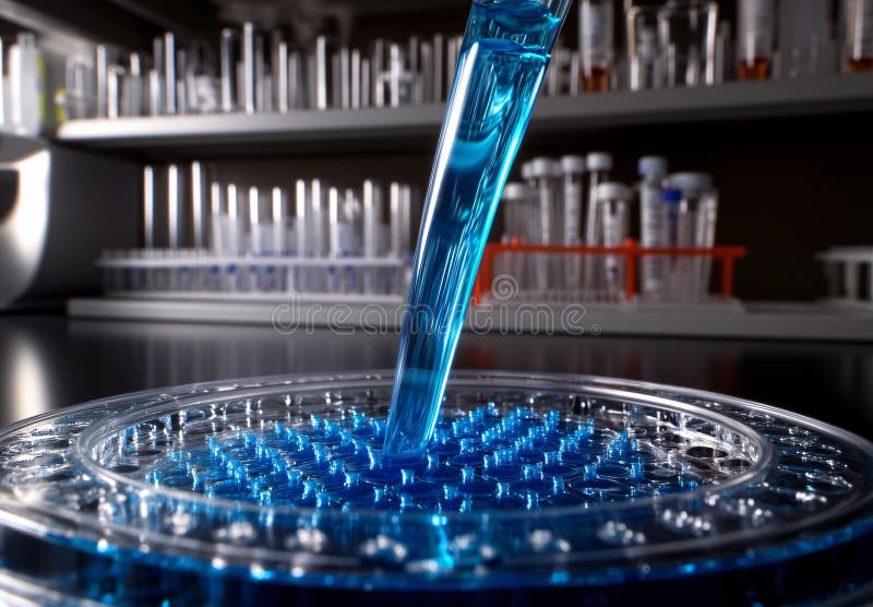 Blue Liquid Pouring into Multi-Well Plate in Lab High Quality Image ...