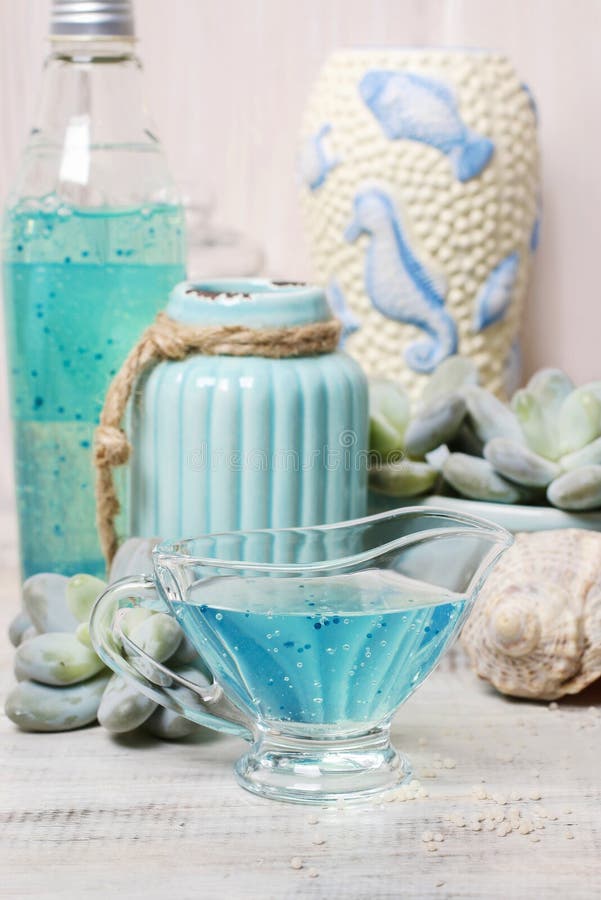 Blue Spa Set: Liquid Soap, Sea Salts and Towels Stock Image - Image of ...