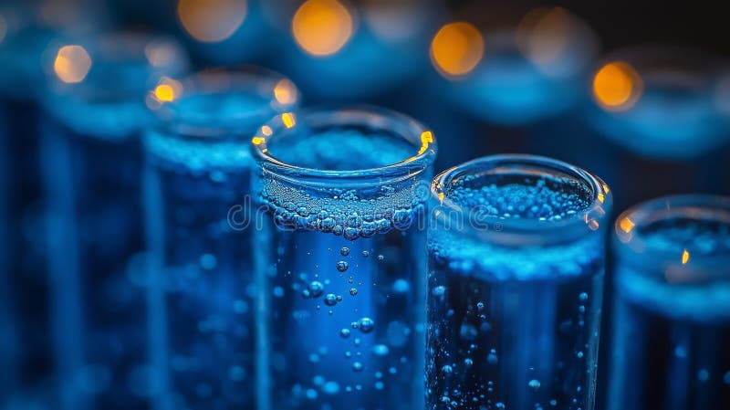 Blue Liquid Test Tubes with Bubbles for Scientific Experiments Stock ...