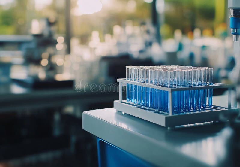 Blue Liquid Test Tubes in Rack on Lab Shelf Stock Illustration ...